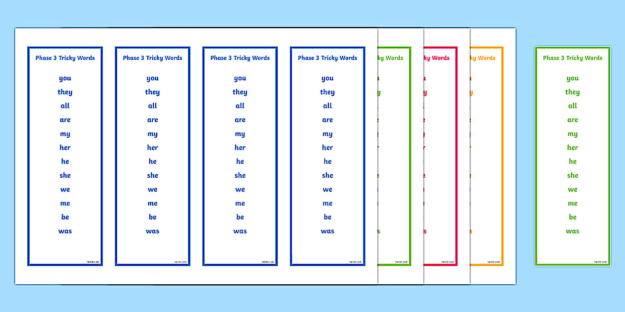 Letters and Sounds Phase 3 Tricky Words Bookmarks - Twinkl