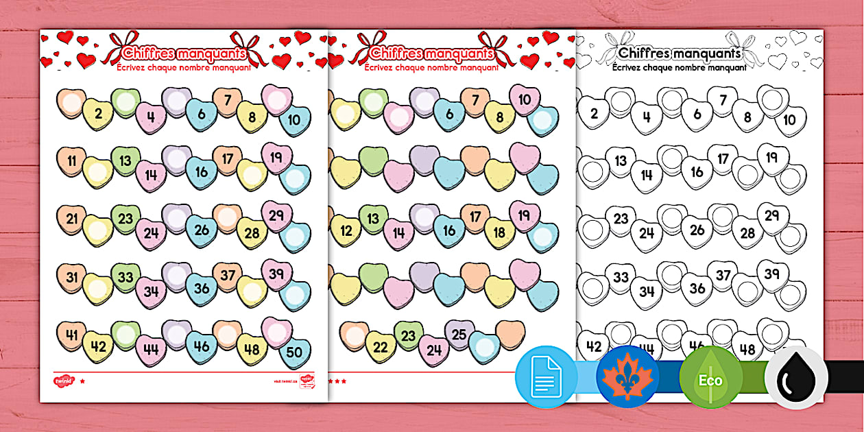Valentine's Day Hearts Missing Number Activity Sheet French