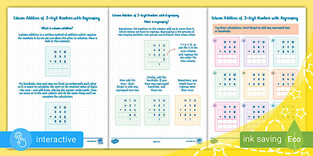 Column Addition of 3-Digit Numbers with Regrouping (Ages 7 - 8)
