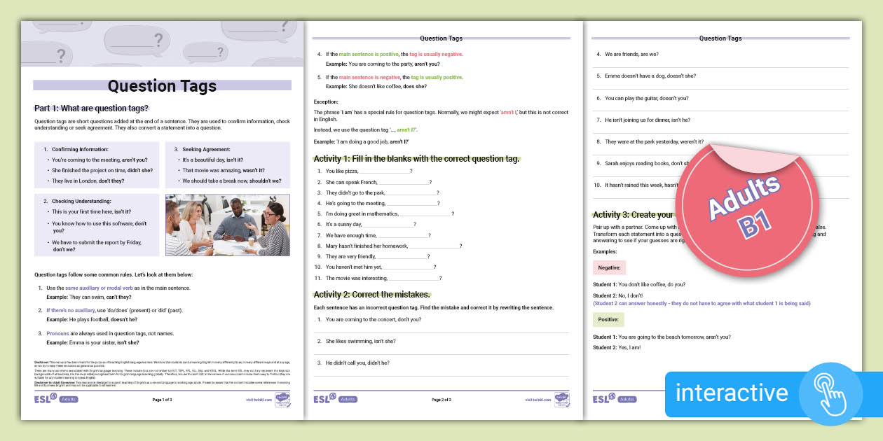 ESL Question Tags Activity Sheet [Adults, B1] (teacher made)