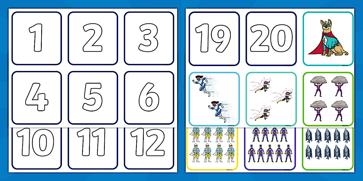 Superhero Themed 1 20 Number and Quantity Matching Cards - Superhero Themed