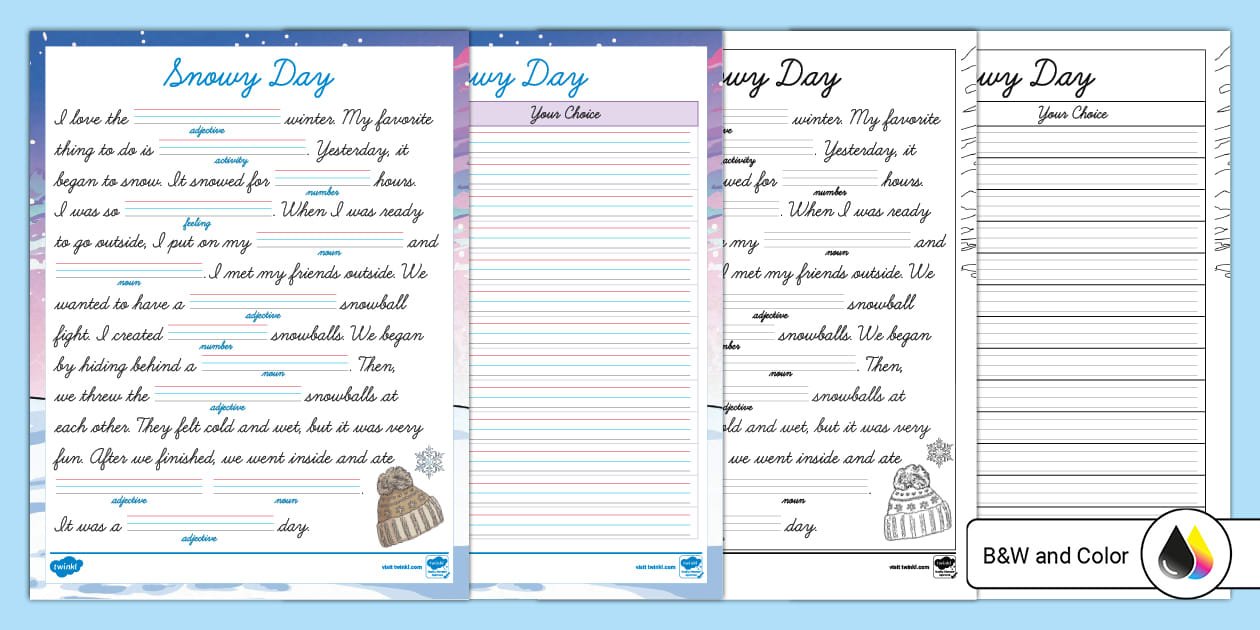 Snowy Day Laugh Libs Cursive Writing Worksheet - Twinkl