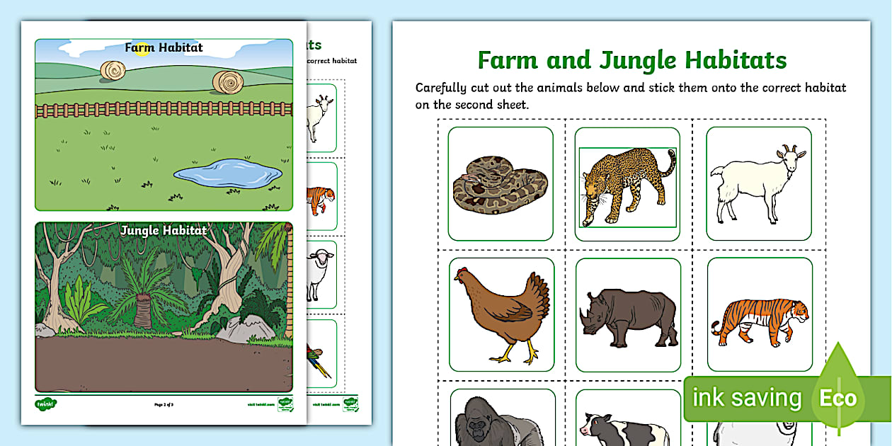 Farm and Jungle Habitats Animal Sorting Activity Sheet