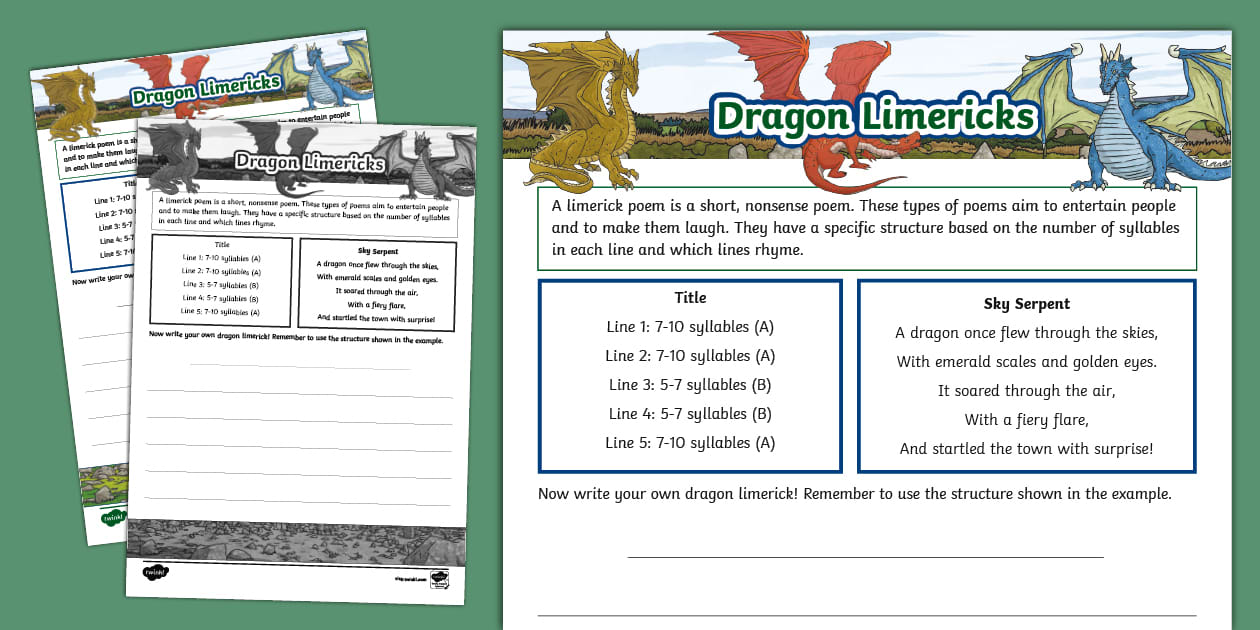 Dragon Limerick Poem Template (teacher made) - Twinkl