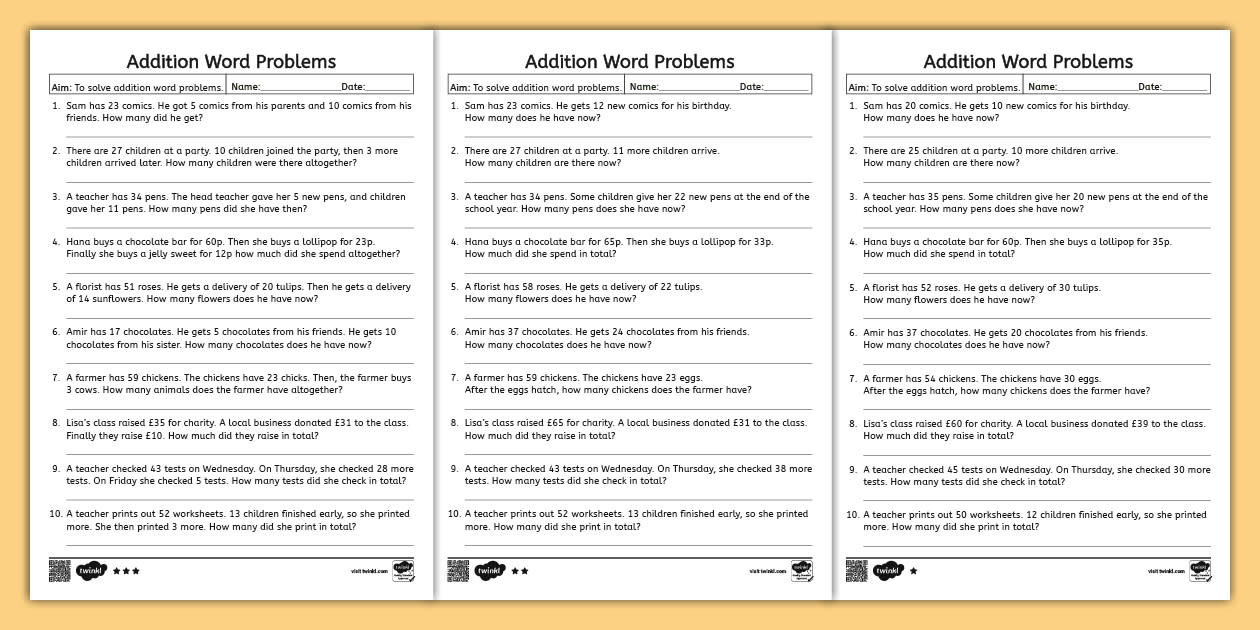 Addition Maths Word Problems English Worksheets- Year 2 算数文章問題 足し算ワーク