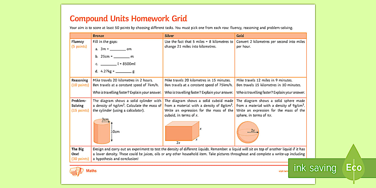 KS3 Compound Units Mastery Homework Grid (teacher made)