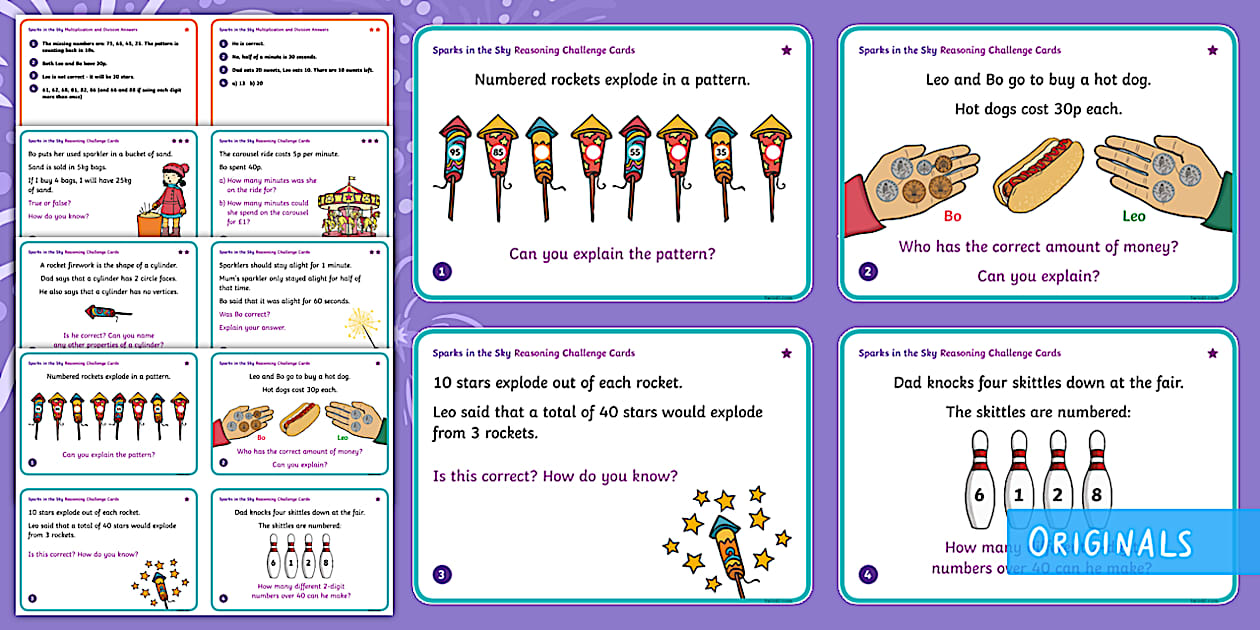 Year 2 Sparks in the Sky Reasoning Differentiated Maths Challenge Cards