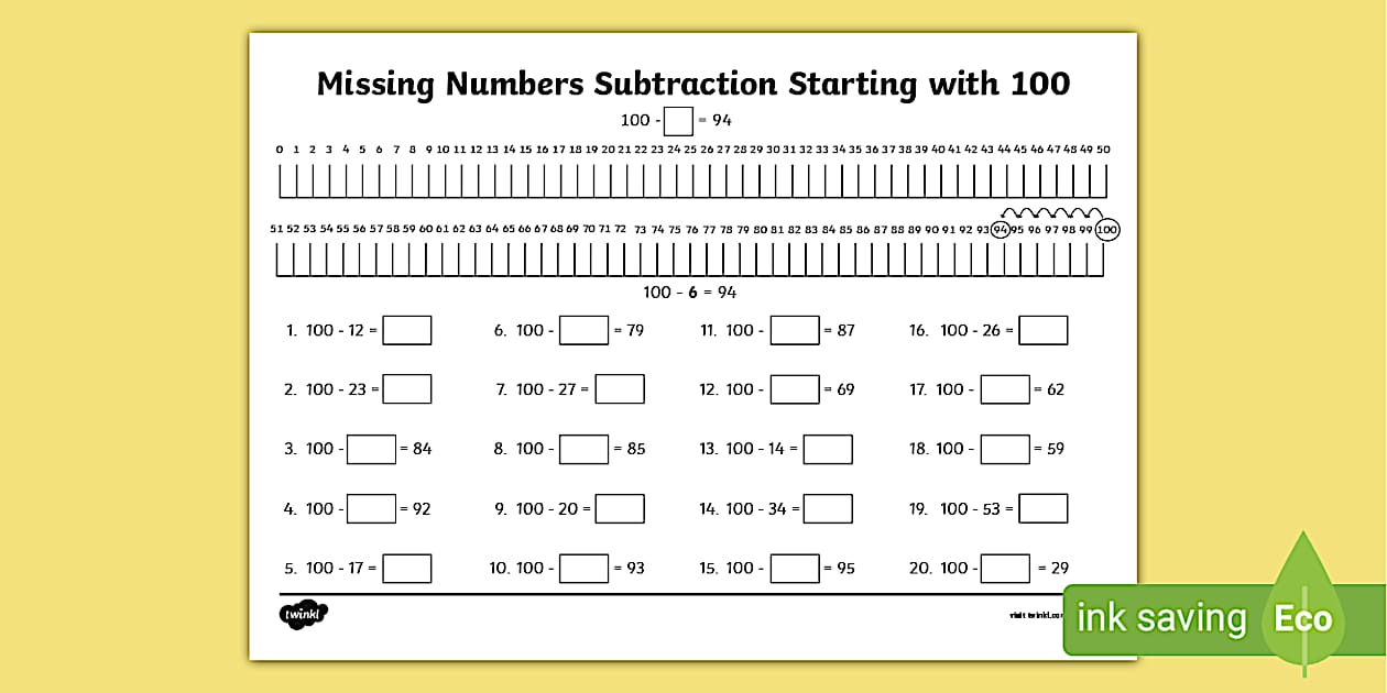 👉 Missing Numbers Subtraction Starting with 100 - Twinkl