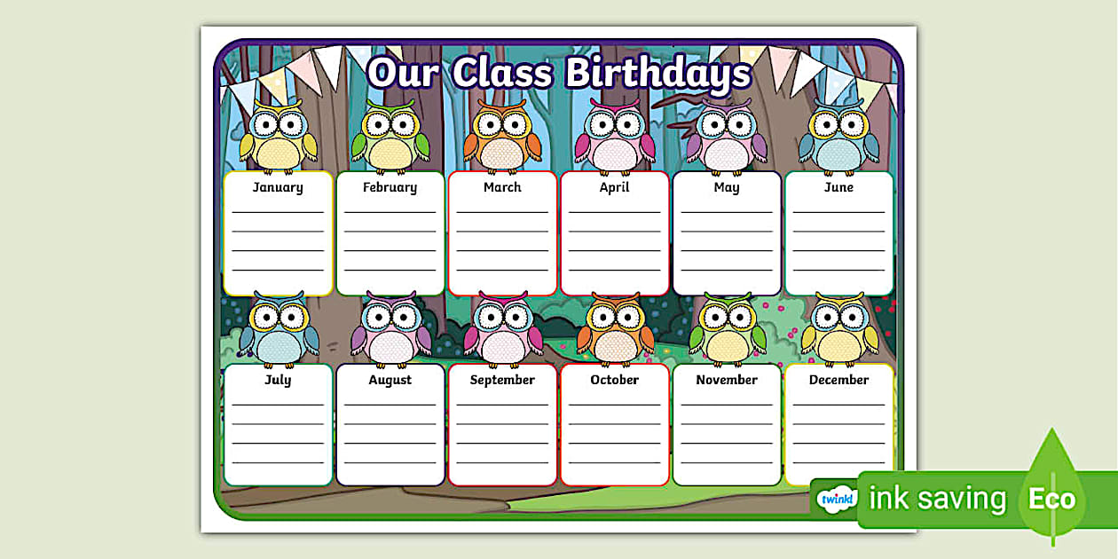 Owl-Themed Class Birthdays Chart,our birthdays - Twinkl