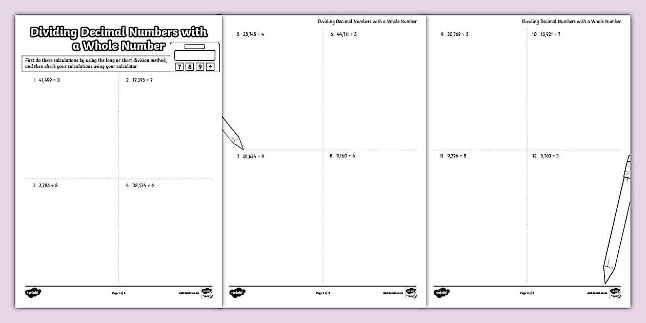 Dividing Decimal Numbers with a Whole Number Activity Sheet