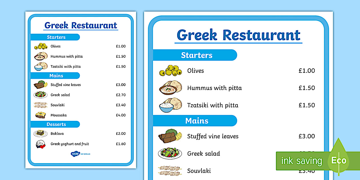 Greek Restaurant Role Play Menu (teacher made) - Twinkl