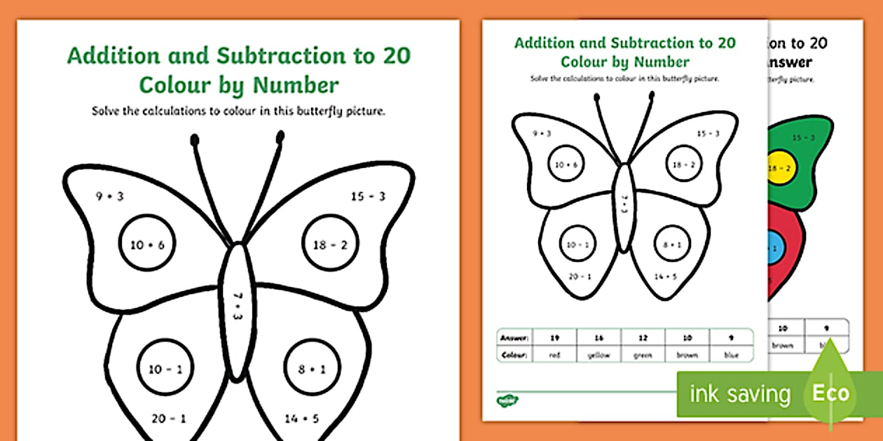 Butterfly Addition and Subtraction to 20 Colour by Calculation Worksheet