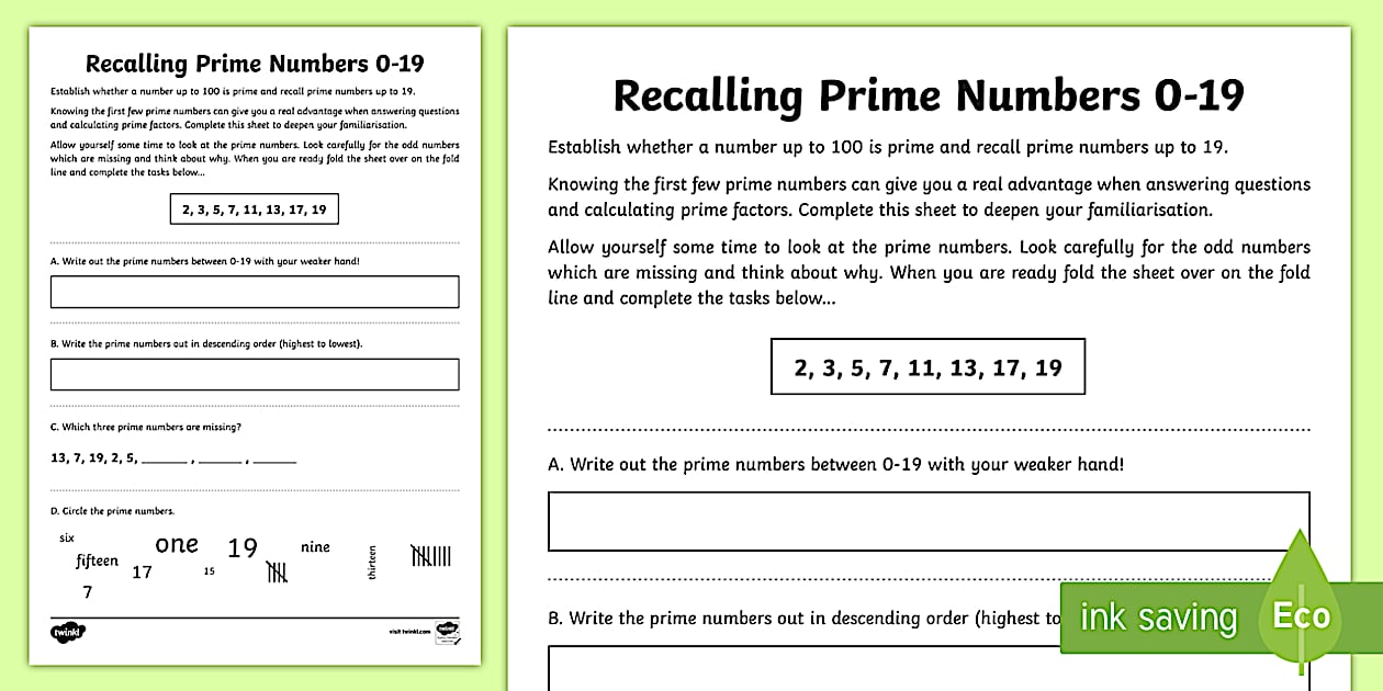 Prime Numbers up to 20 - Worksheet - Teacher-Made - Twinkl