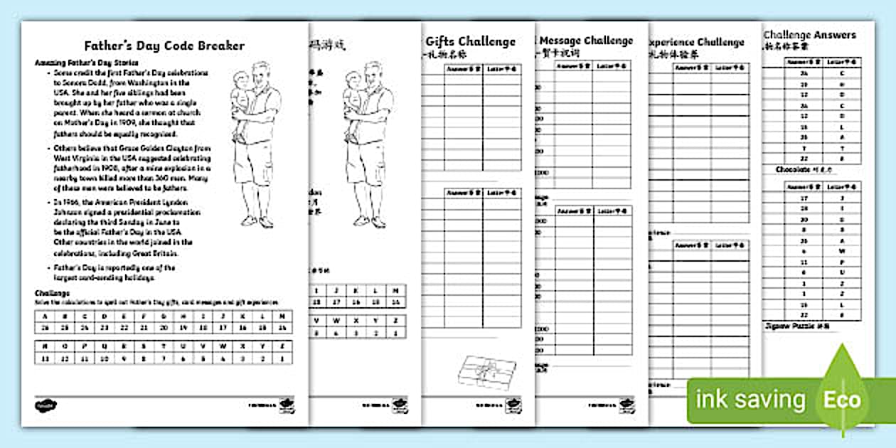 UKS2 Father's Day Code Breaker Differentiated Worksheets -English/Mandarin