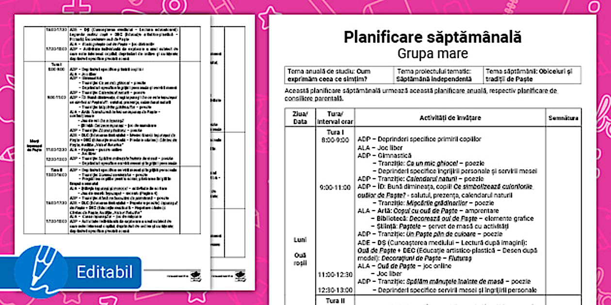 FREE! - Paște – Model de planificare săptămânală grupa mare