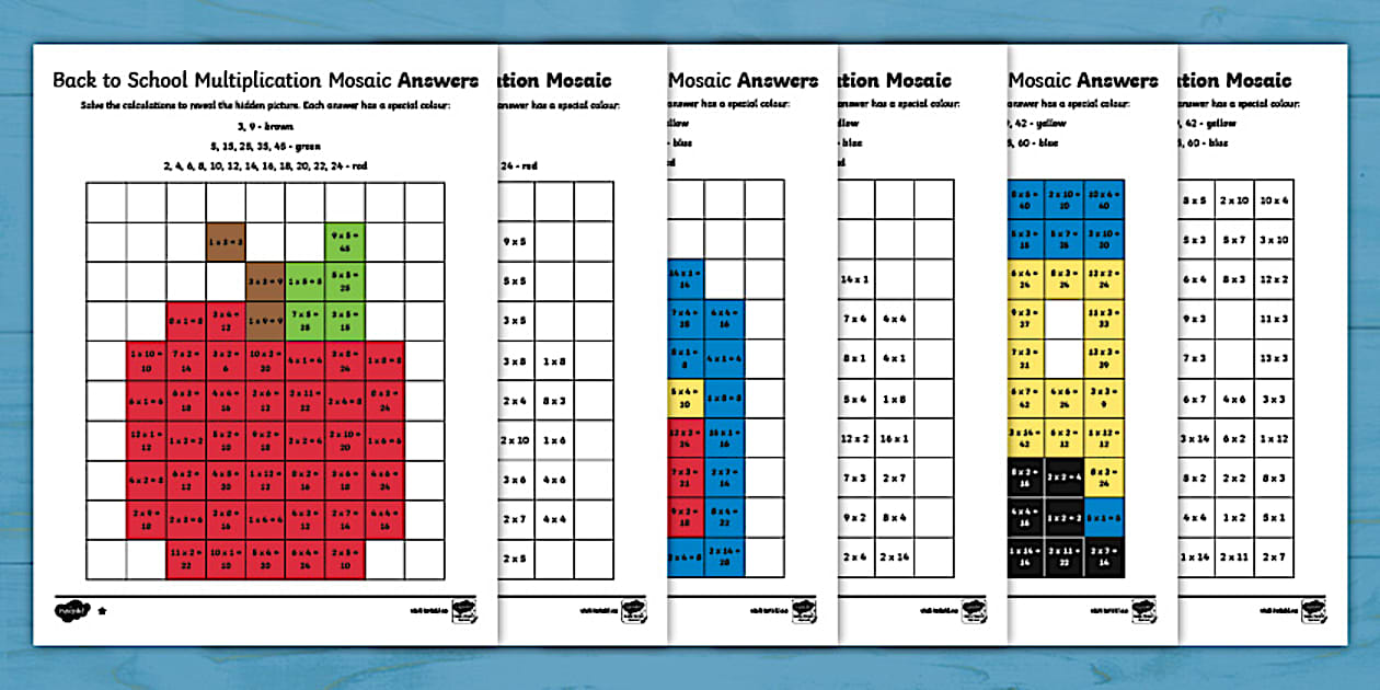 Back to School Theme Multiplication Math Mosaics - Twinkl