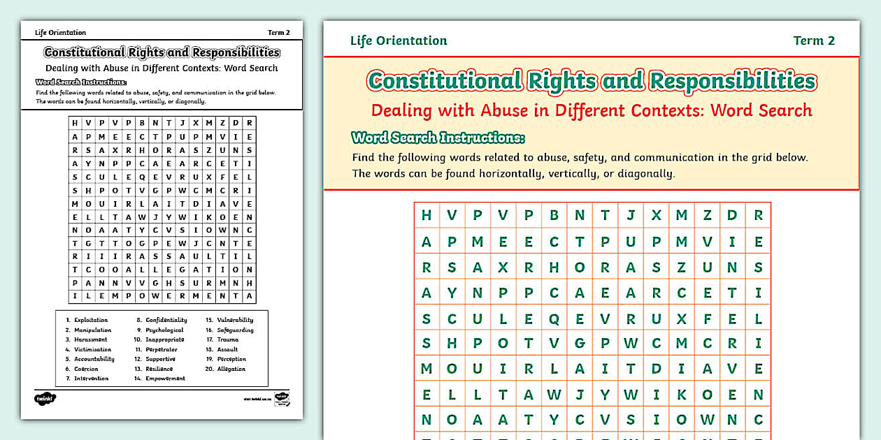 Dealing with Abuse and Identifying Threatening Situations Word Search Life
