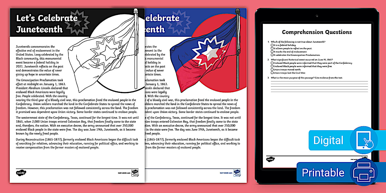 Sixth Grade Juneteenth Reading Passage Comprehension Worksheet
