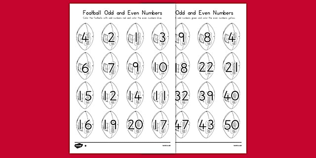 Football Odd and Even Numbers Coloring Worksheet - Twinkl