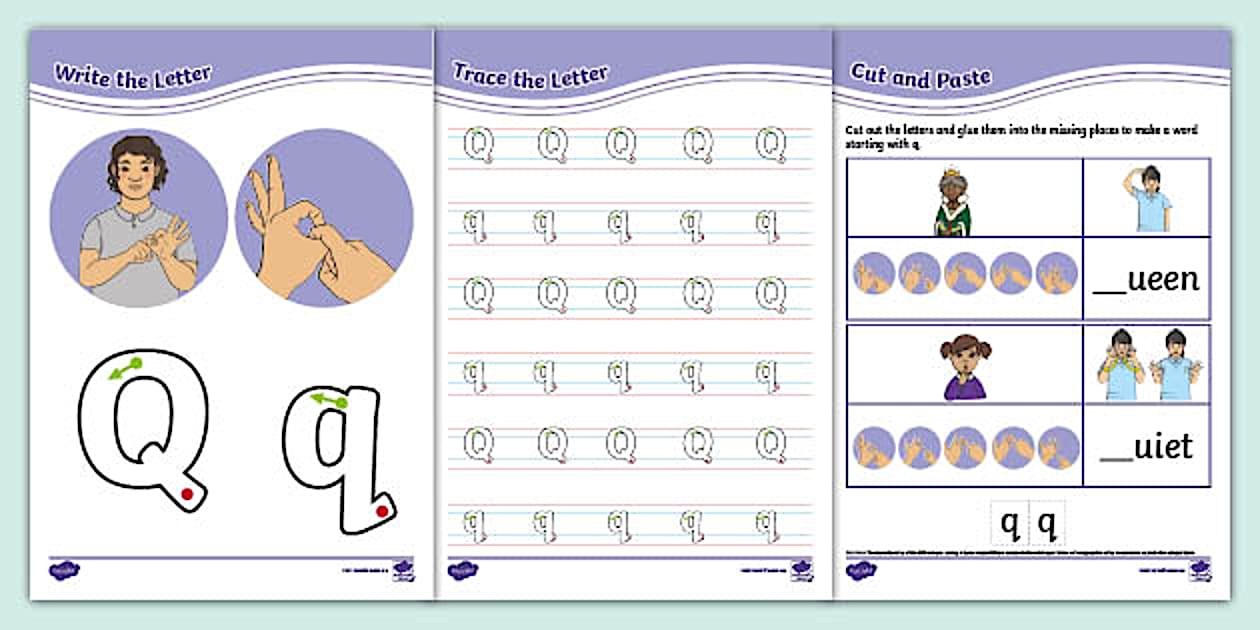 Letter Q Handwriting Worksheets with Auslan (teacher made)