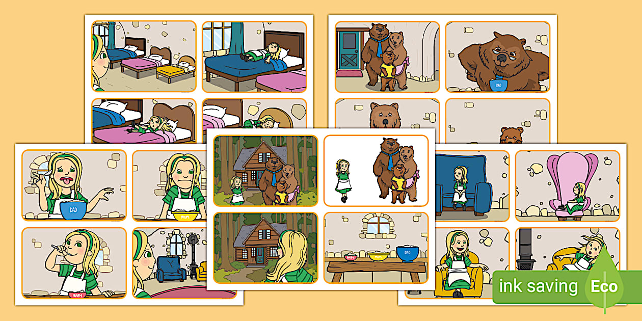 Black and White Goldilocks and the Three Bears Story Sequencing (4 per A4)