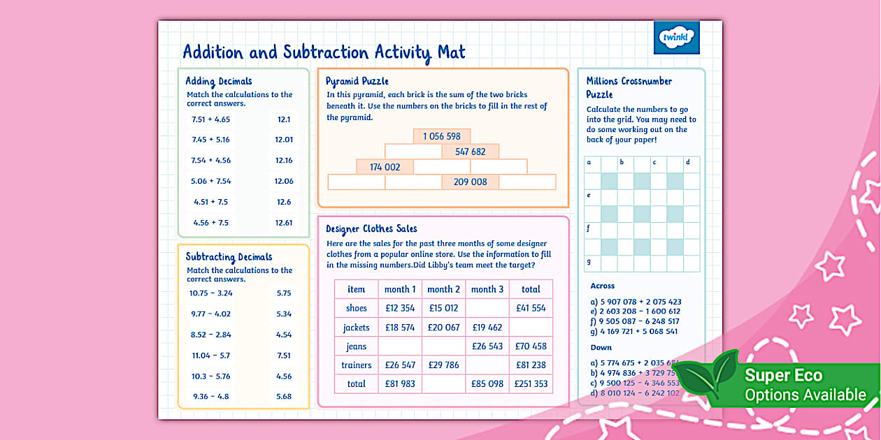 Addition and Subtraction Activity Mat (Ages 10 - 11)