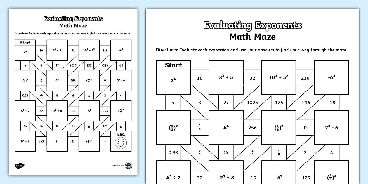 Sixth Grade Evaluating Exponents Maze (teacher made)