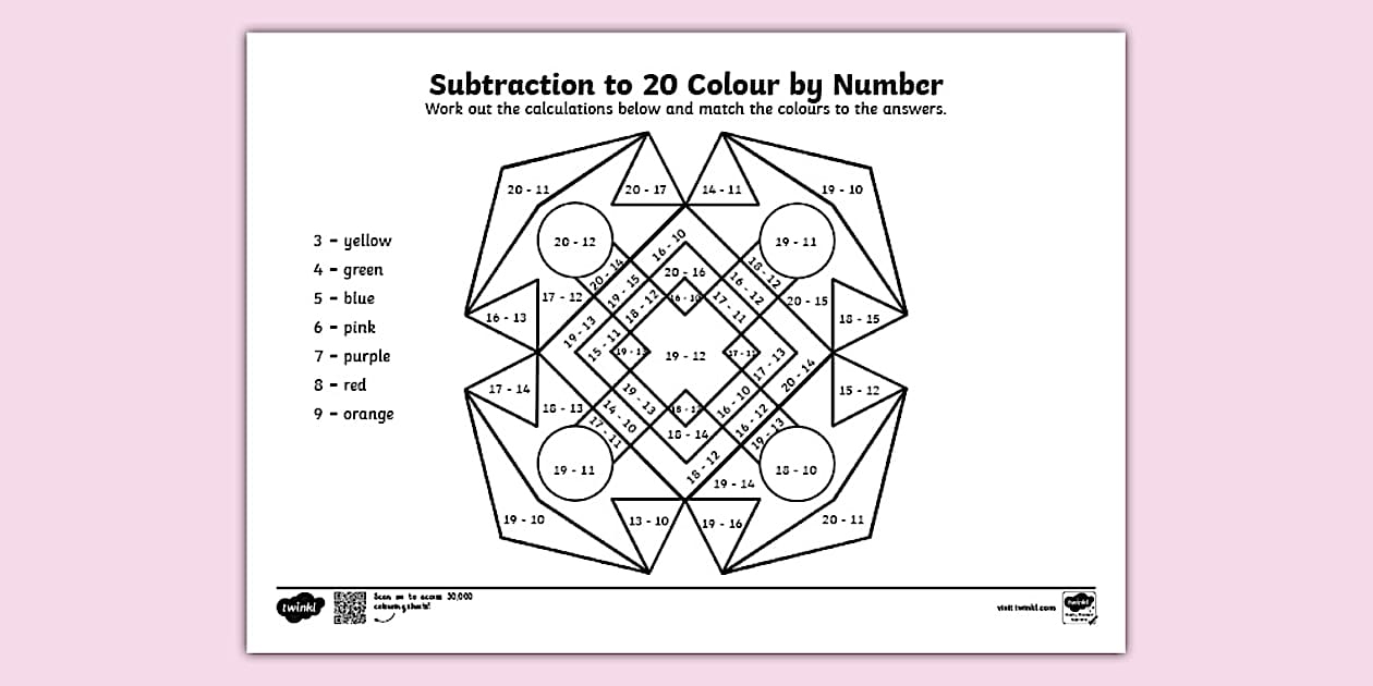 Rangoli Pattern Subtraction to 20 Colour by Number - Twinkl