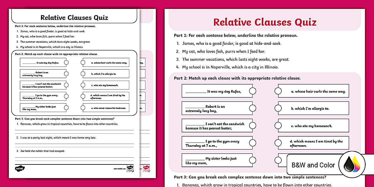Relative Clauses Quiz for 6th-8th Grade - Twinkl