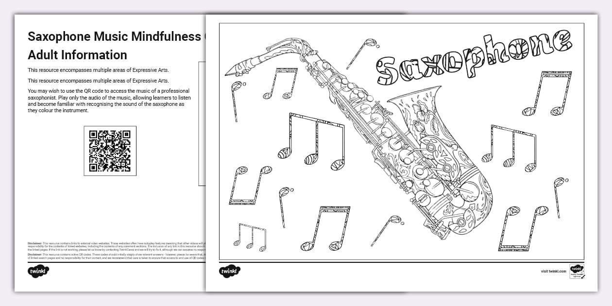 Saxophone Music Mindfulness Colouring Page (Teacher-Made)