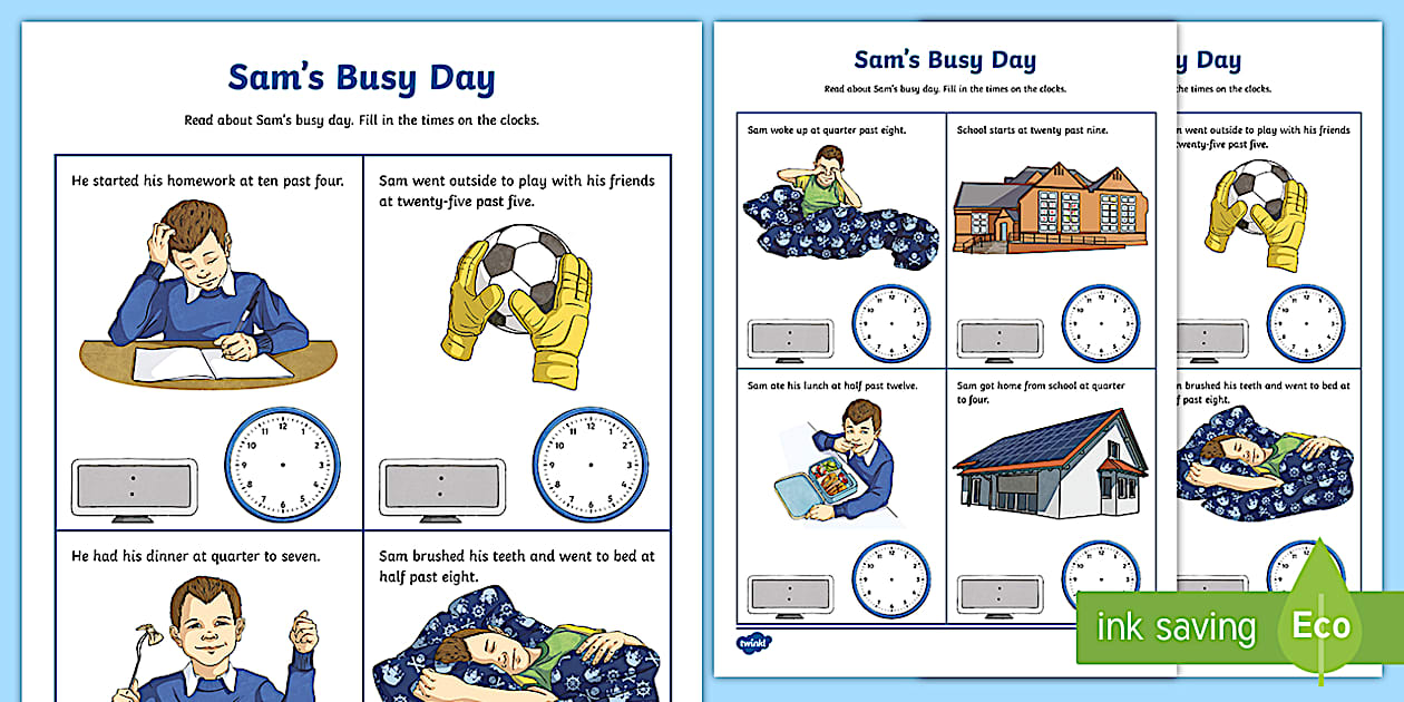 Black and White Sam's Busy Day Worksheets (professor feito)