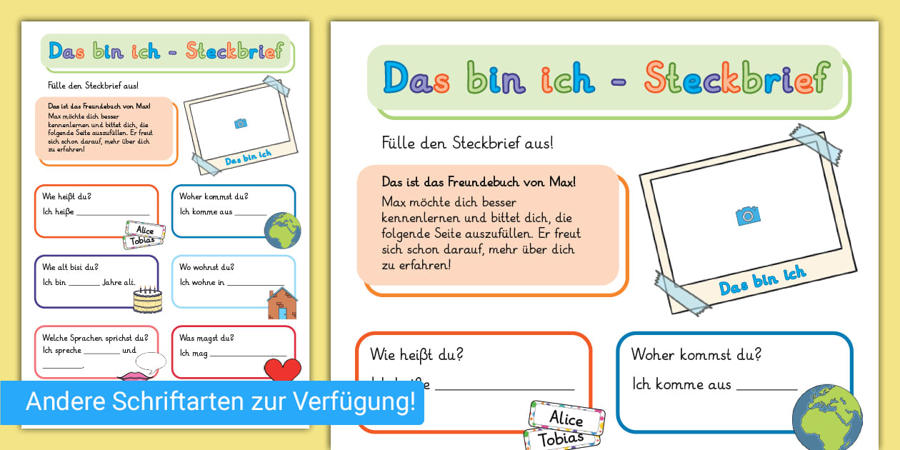 Sich vorstellen - Steckbrief (teacher made) - Twinkl