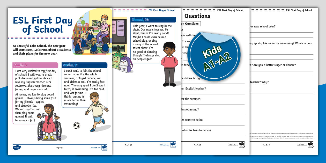 ESL First Day of School Reading Comprehension [Kids, A1-A2]