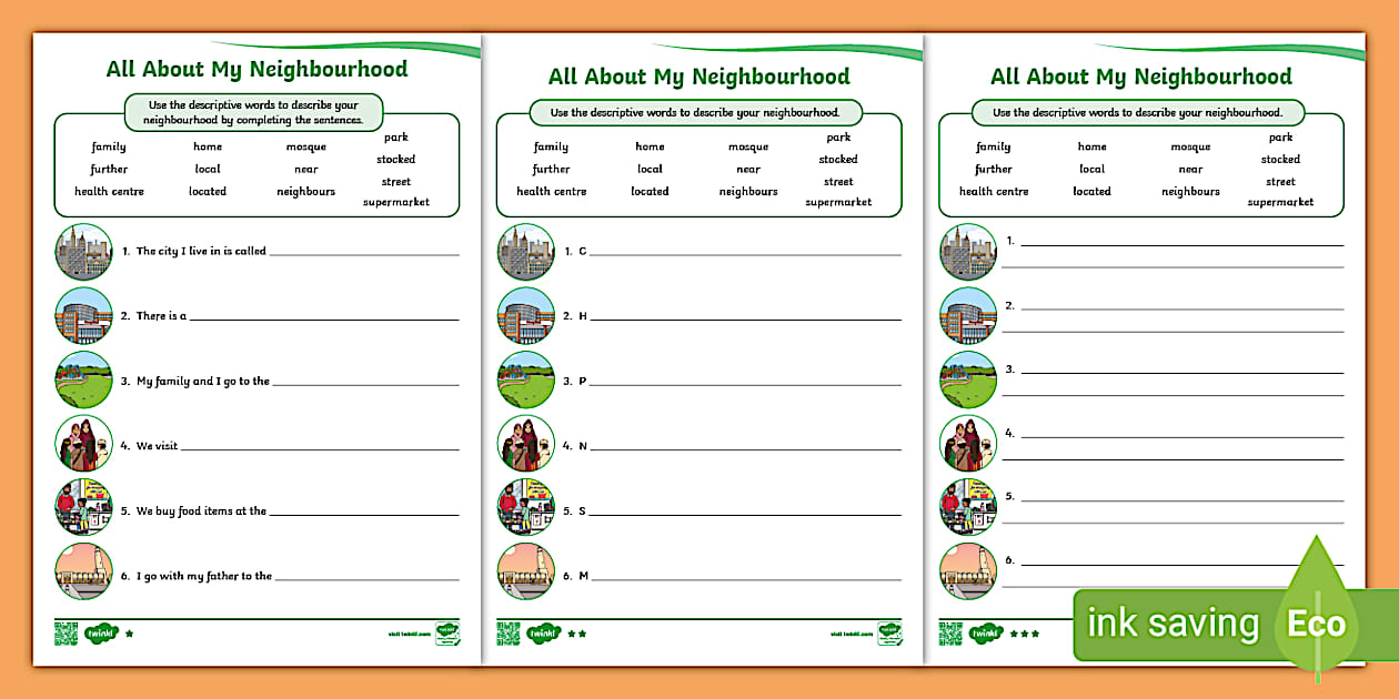 All About My Neighbourhood Differentiated Worksheets