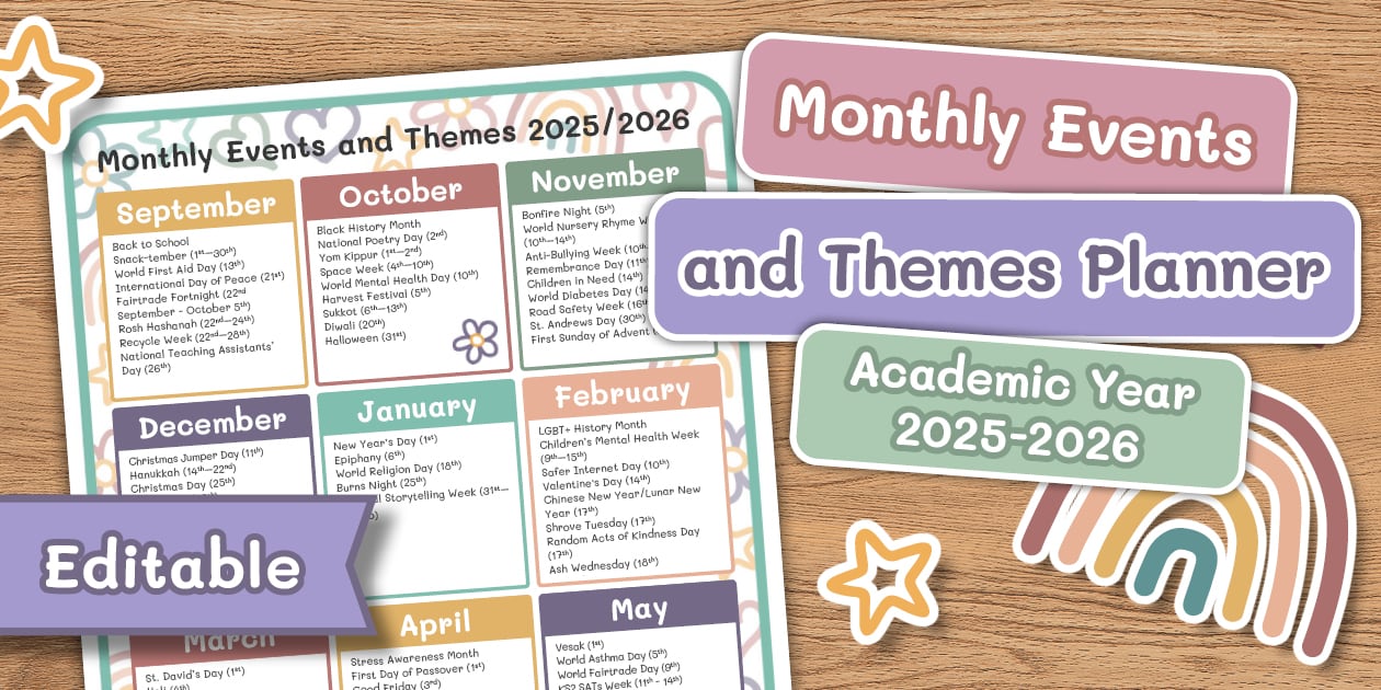 Editable Muted Rainbow Monthly Events and Themes Planner 2024/2025 Academic