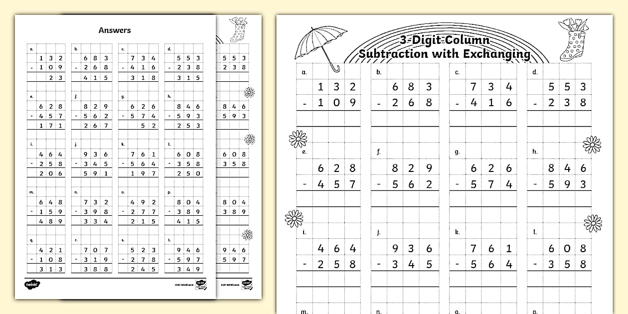 Spring 3-Digit Column Subtraction Exchanging Squared Paper