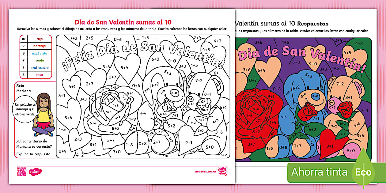 Hoja para colorear: Día de San Valentín sumas al 10