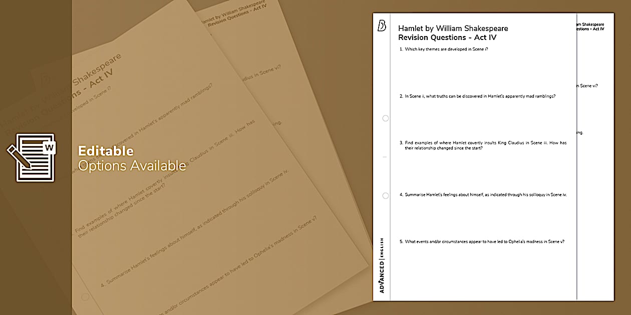 Hamlet Revision: Act IV Revision Questions (teacher made)
