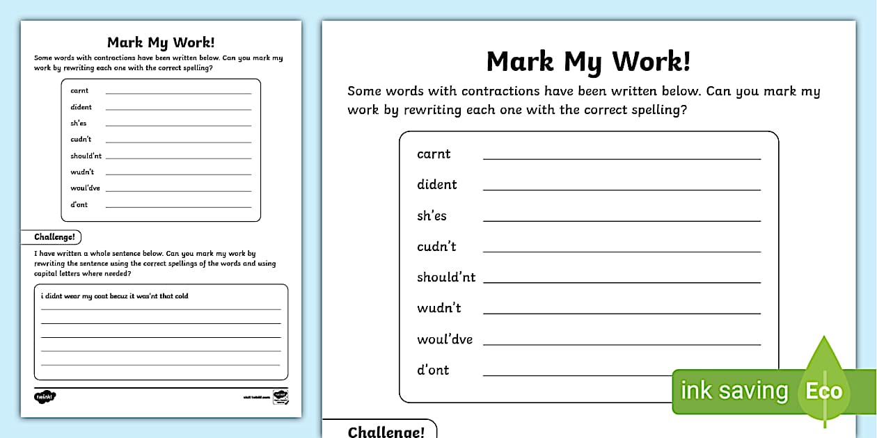 Mark My Work! Contractions,apostrophes contractions - Twinkl