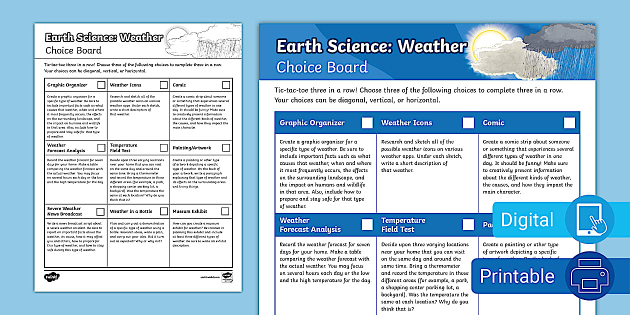 Earth Science: Weather Choice Board (teacher made) - Twinkl
