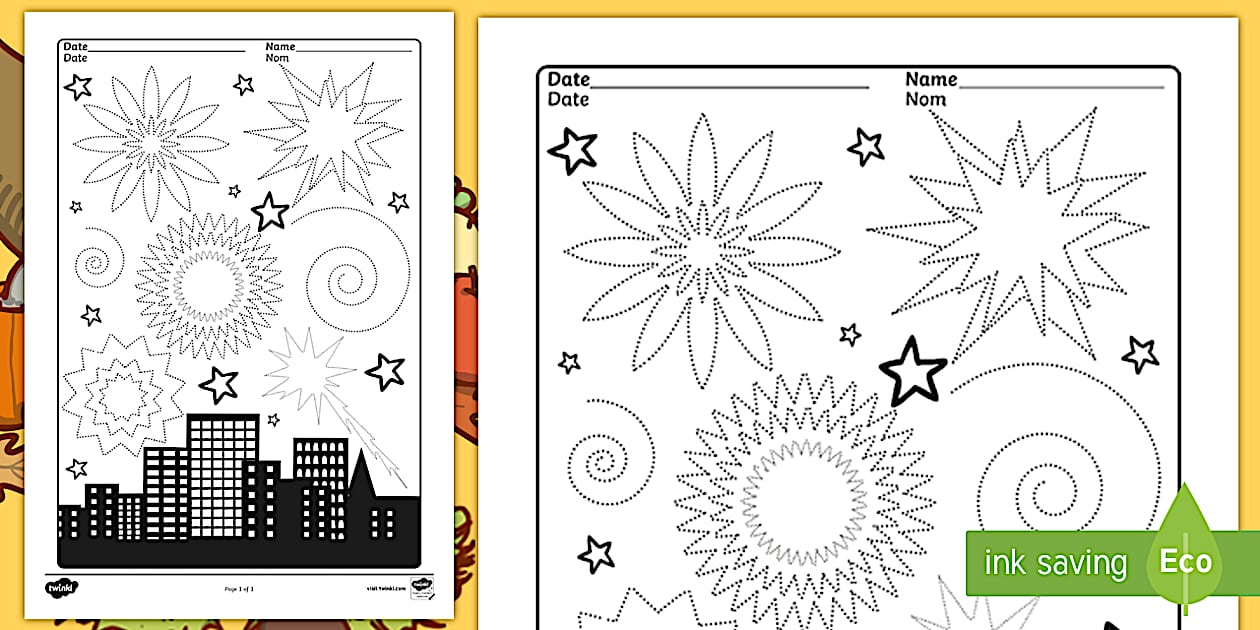 Firework Sky Pencil Control Worksheet / Worksheets English/French