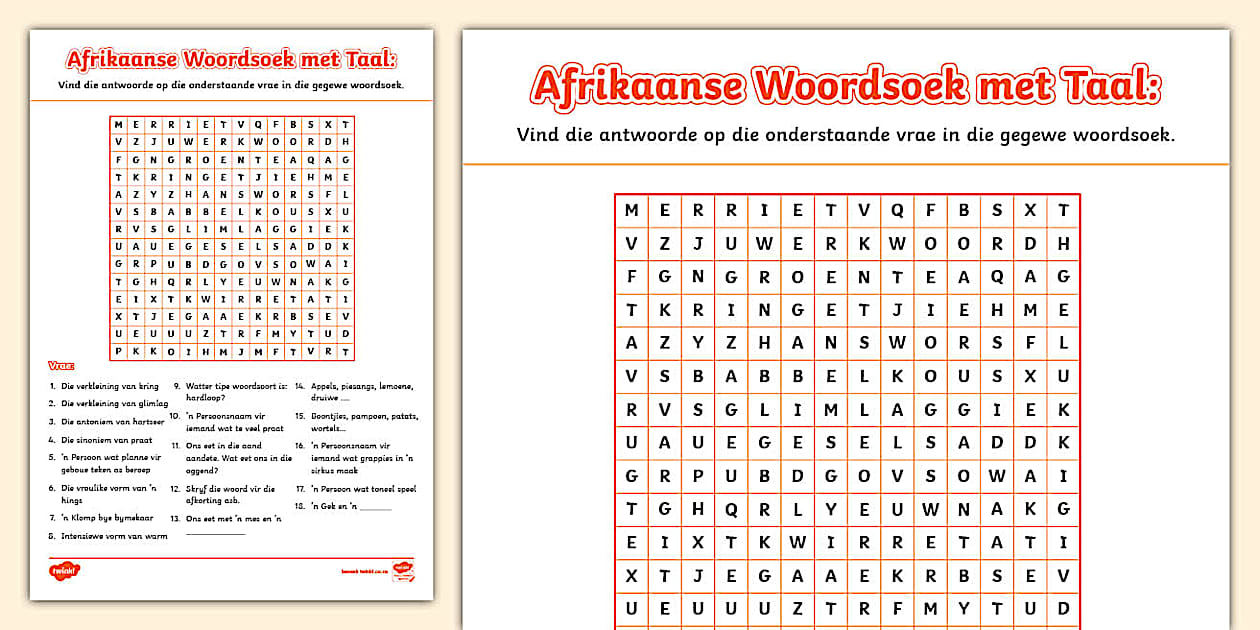 Afrikaanse Woordsoek met Taal: Aktiwiteitsblad - Twinkl