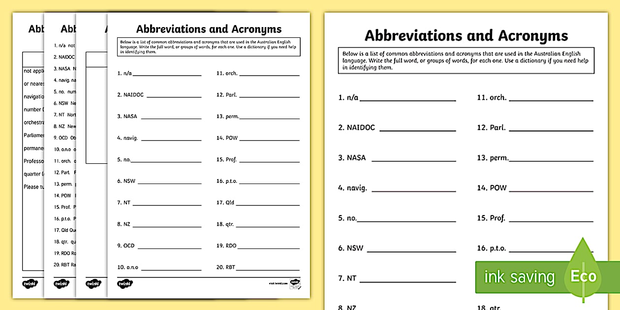 Abbreviations and Acronyms Set 4 Worksheet / Worksheet