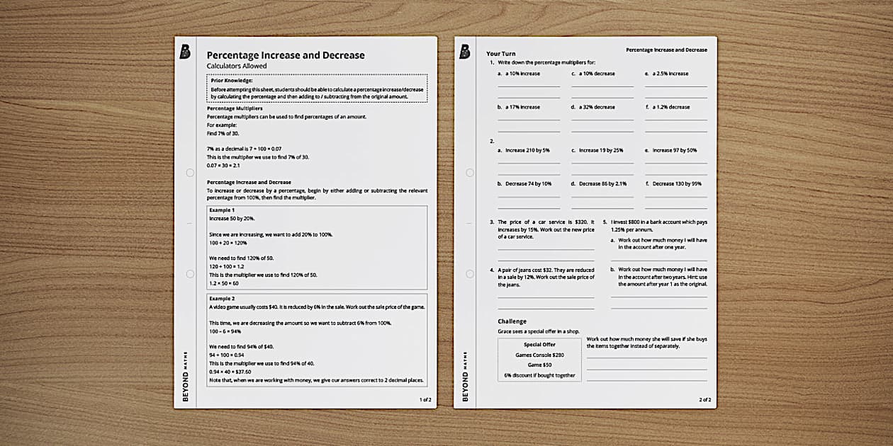 Percentage Increase and Decrease Walkthrough Worksheet