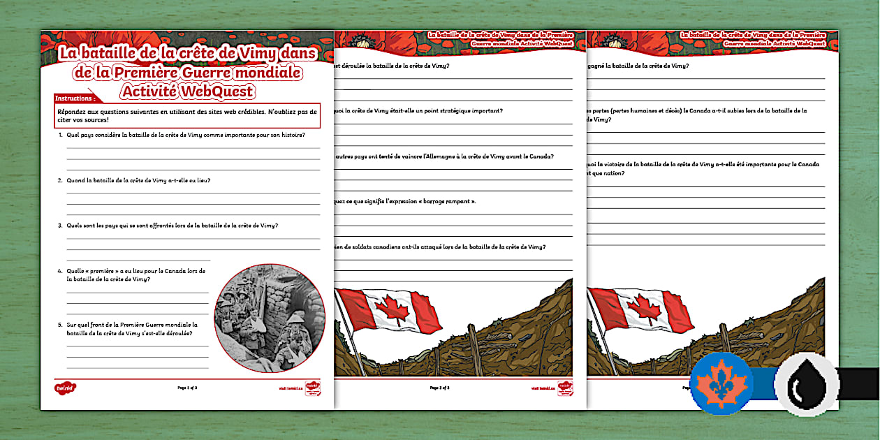 Vimy Ridge WebQuest Activity Grade 6 French (teacher made)