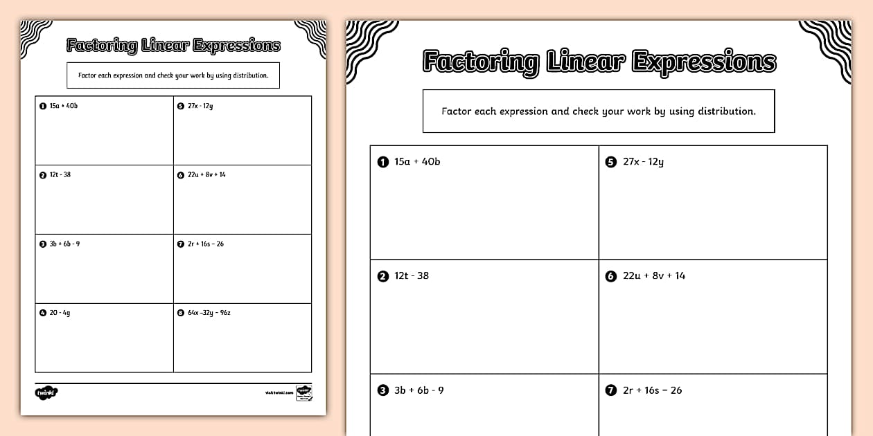 Seventh Grade Factoring Linear Expressions Worksheet