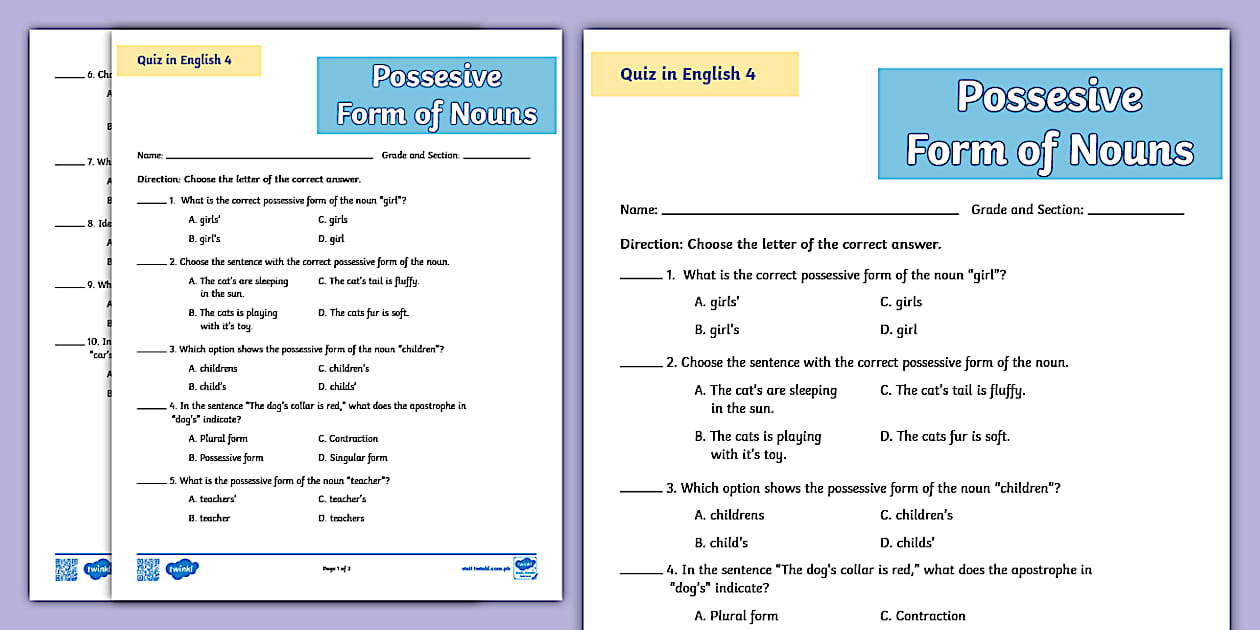 Grade 4 English Quiz - Possessive form of nouns