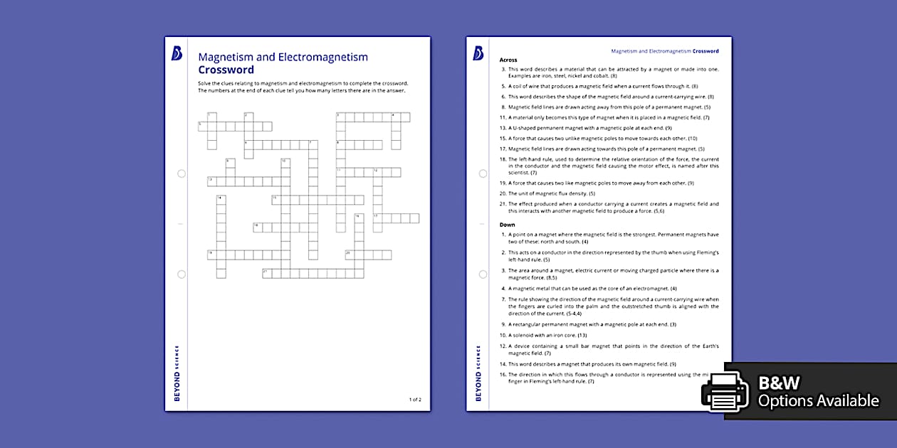 Magnetism and Electromagnetism Crossword - Twinkl