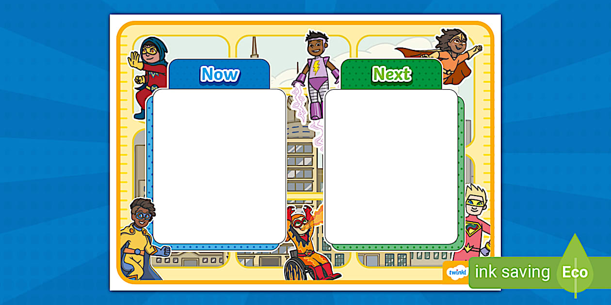 Superhero-Themed Now and Next Board (teacher made) - Twinkl