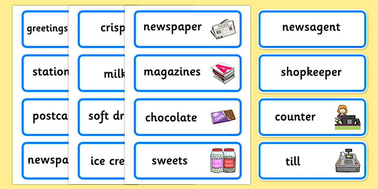 Newsagents Role Play Word Cards